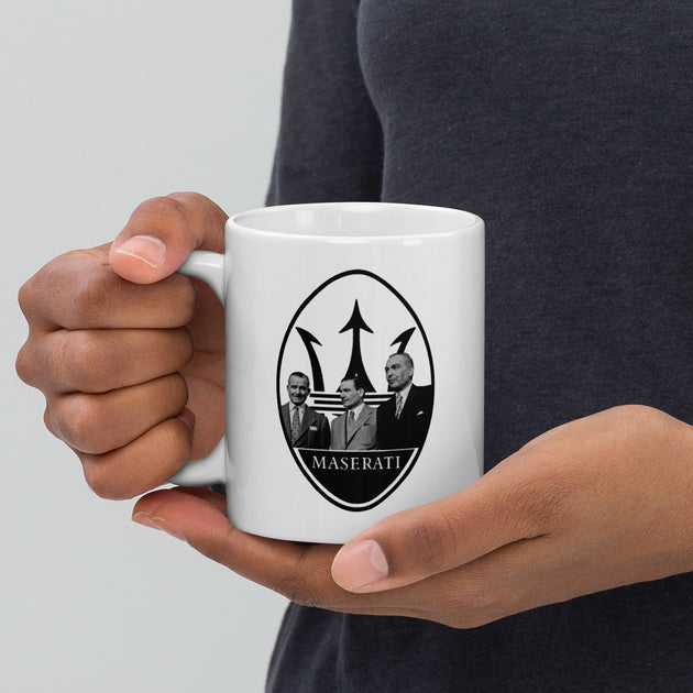 White glossy mug with Maserati Trident – The Brassworks